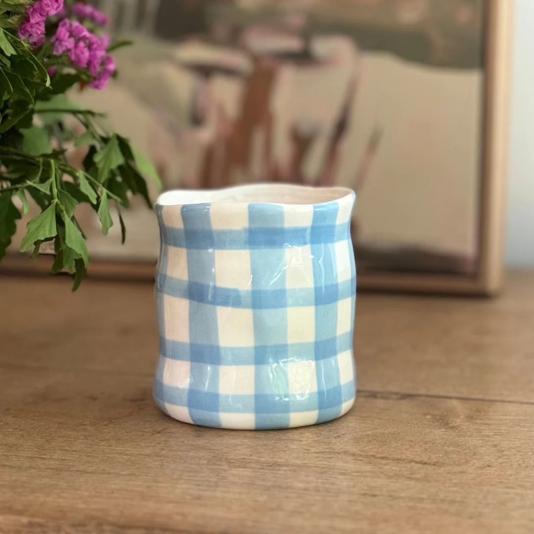 Large Cornflower Blue Gingham Candle - Bum Bum Type